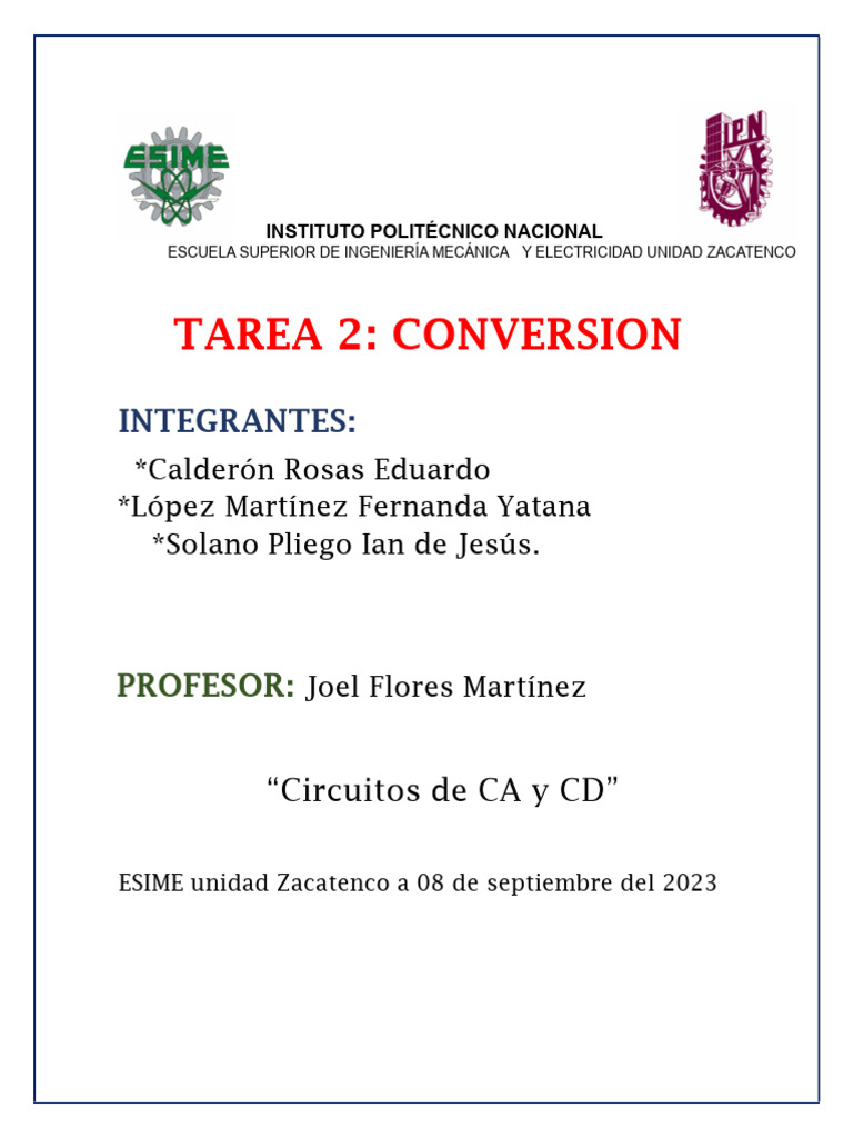 Tarea 2. Conversión | PDF | Resistencia Eléctrica y Conductancia ...