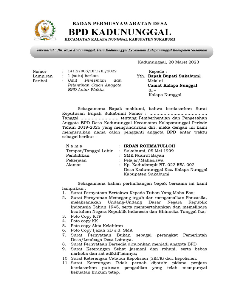 Usulan Pelantikan Anggota BPD Kadununggal | PDF