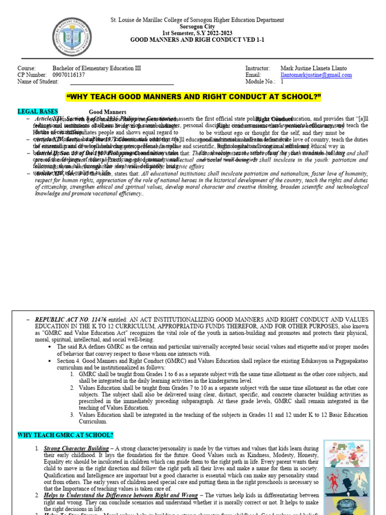 Module 1 - Good Manners Right Conduct | PDF