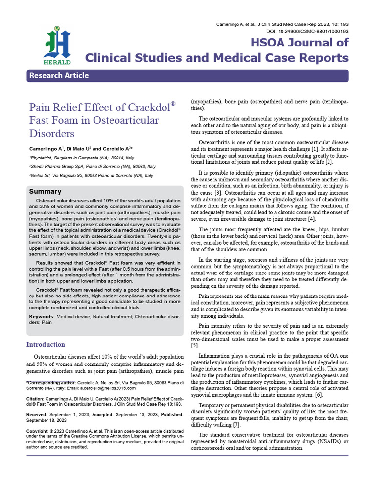 Pain Relief Effect of Crackdol Fast Foam in Osteoarticular Disorders | PDF