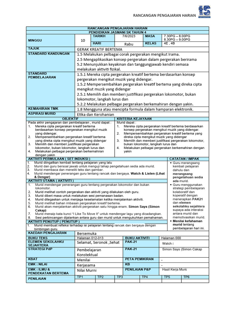 RPH Minggu 10 Pendidikan Jasmani THN 4 2023 | PDF