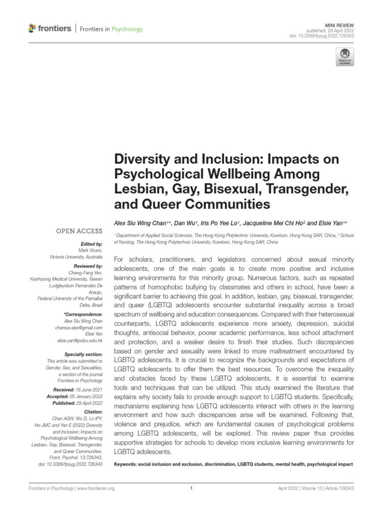 Diversity And Inclusion Impacts On Psychological Wellbeing Among