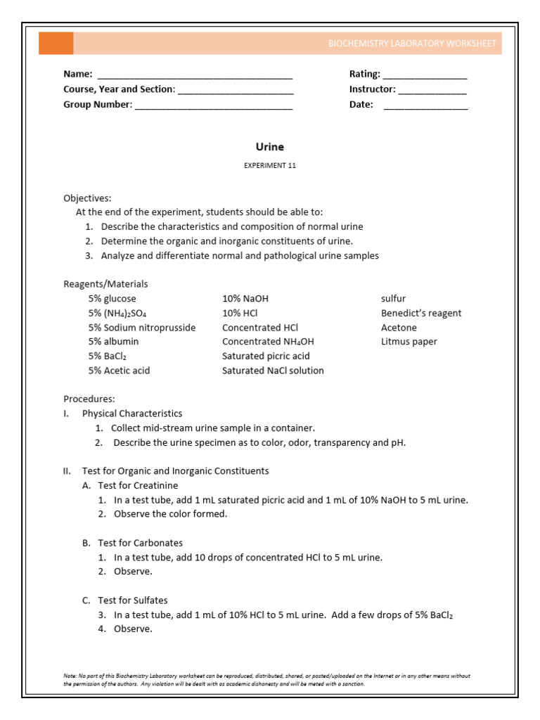 Urine Biochemistry Analysis Lab Guide | PDF | Urine | Biochemistry