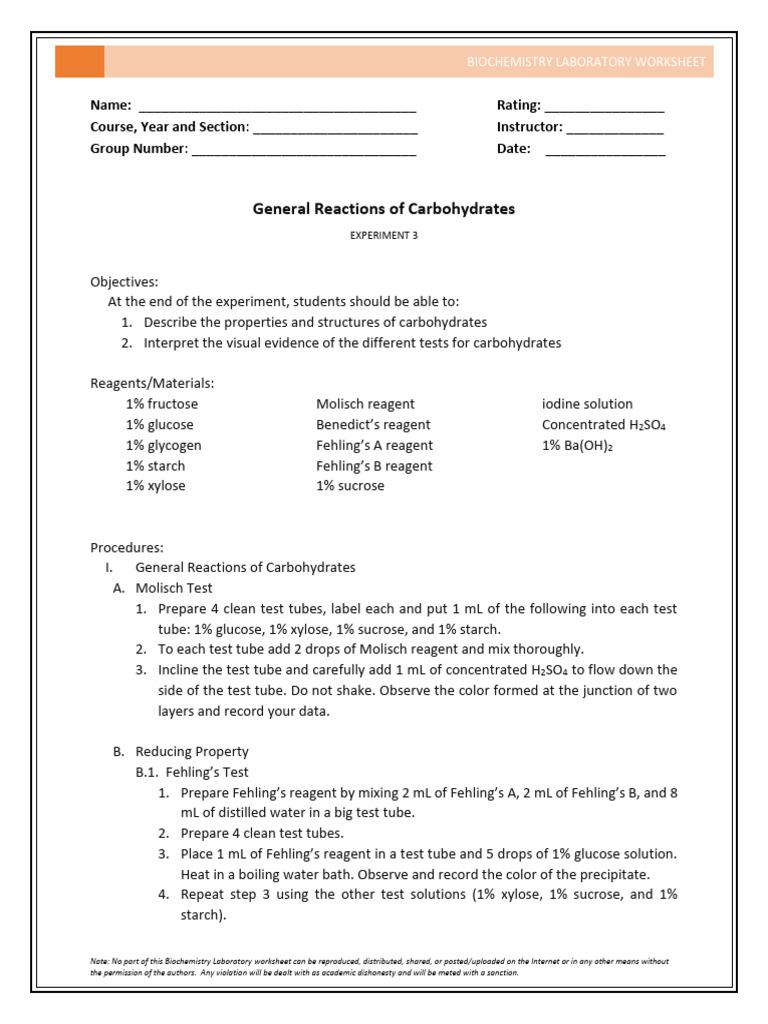 Experiment 3 General Reactions of Carbohydrates - Biochem Lab - 013023 ...