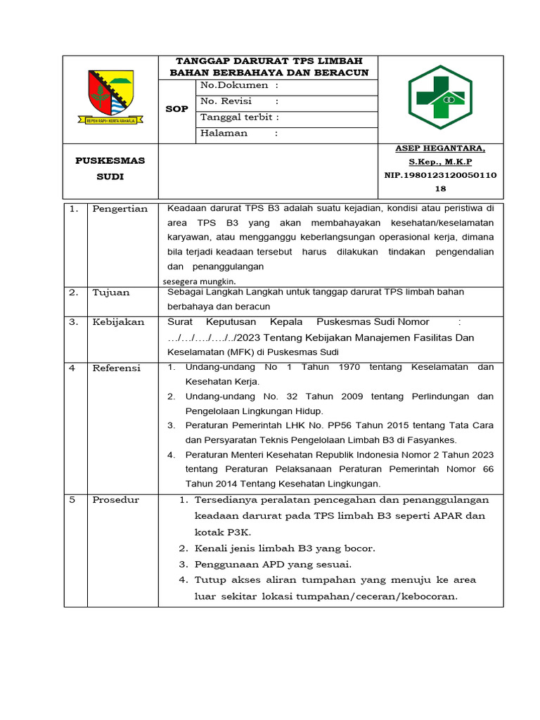 Sop Tanggap Darurat Tps Limbah Bahan Berbahaya Dan Beracun PKM Sudi ...