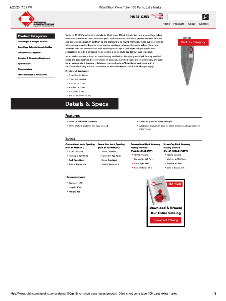 100ml Short Cone Tube, 100 Parts, Extra Marks | PDF