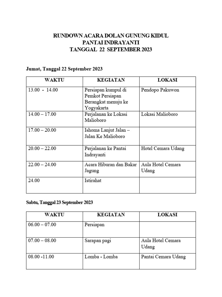 Rundown Acara Ke Pantai Indrayanti | PDF
