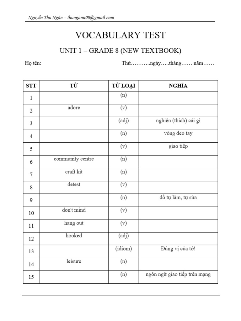Kiem Tra Tu Vung Unit 1 Lop 8 | PDF