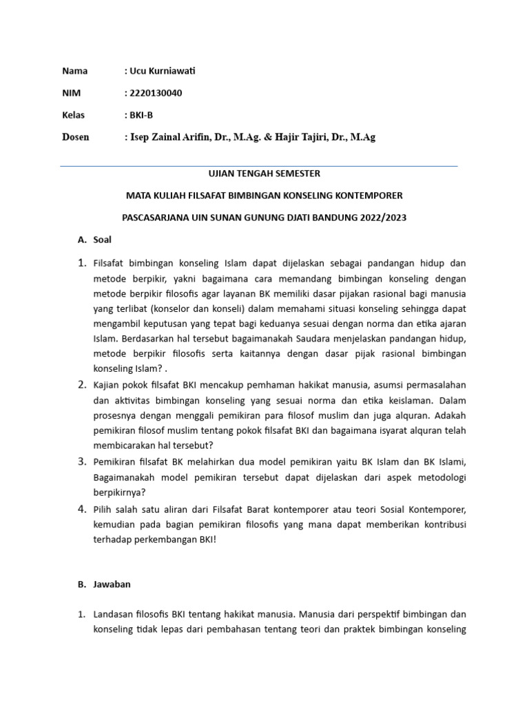 UTS Filsafat BK Kontemporer - Ucu | PDF