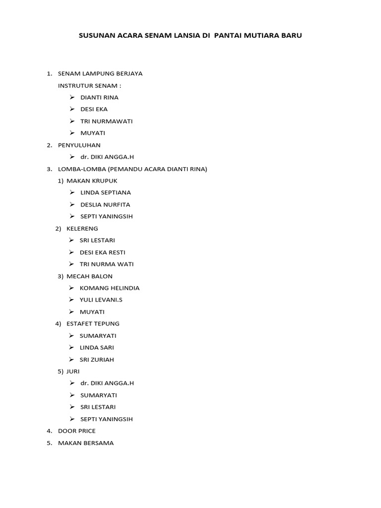 Susunan Acara Senam Lansia Di Pantai Mutiara Baru | PDF