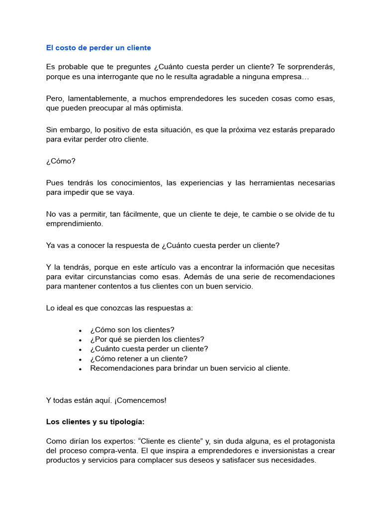Costo de perder un cliente | PDF | Cliente | Marketing