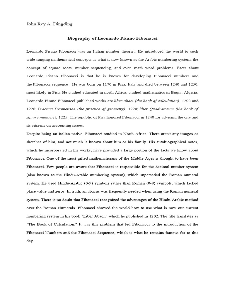 Biography of Leonardo Pisano Fibonacci | PDF