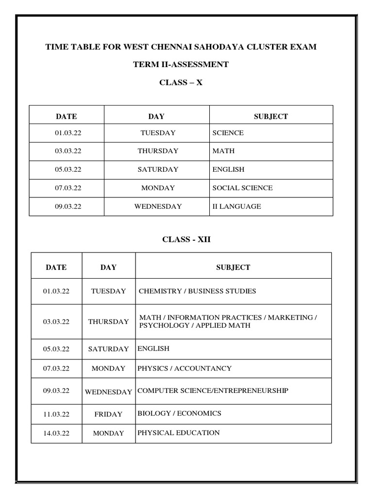 West Cluster-Time Table 2022-23 | PDF
