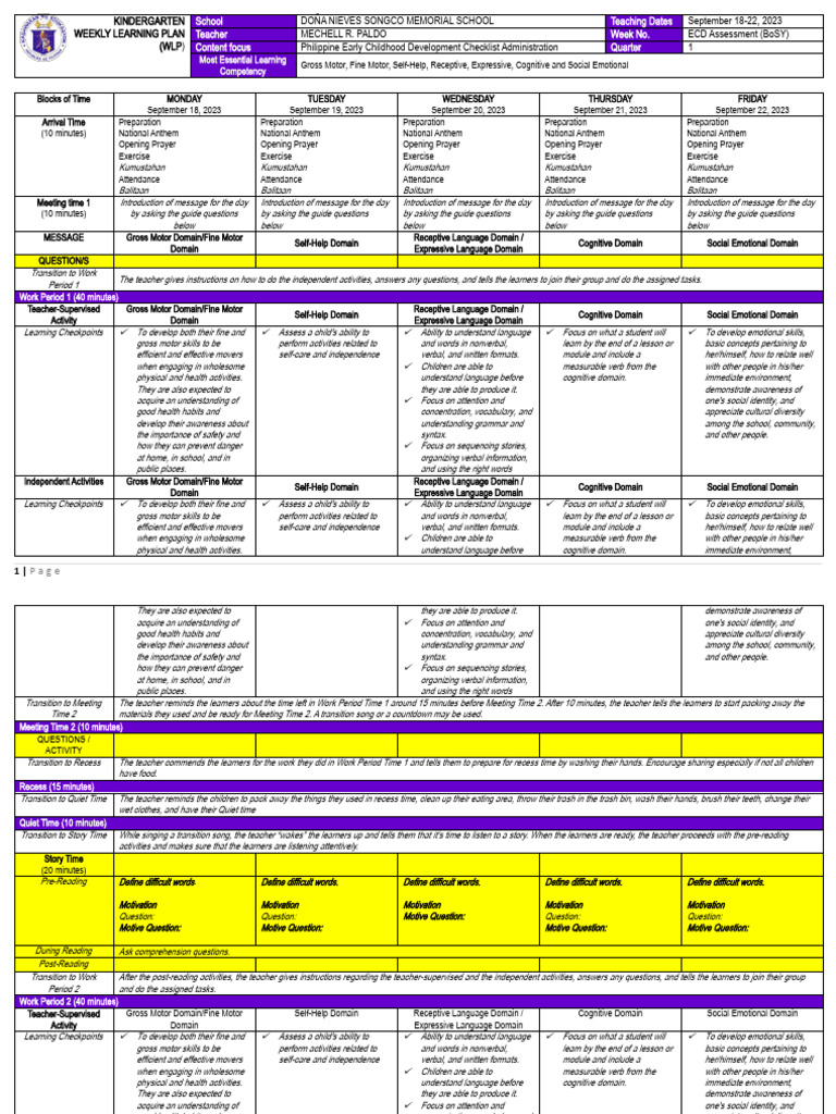 ECD Assessment Weekly Plan for Kindergarten | PDF