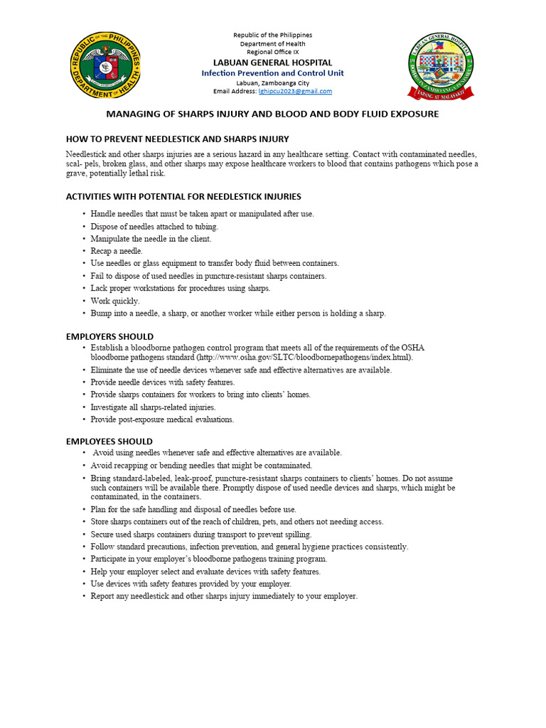 Managing of Sharps Injury and Blood and Body Fluid Exposure | PDF ...