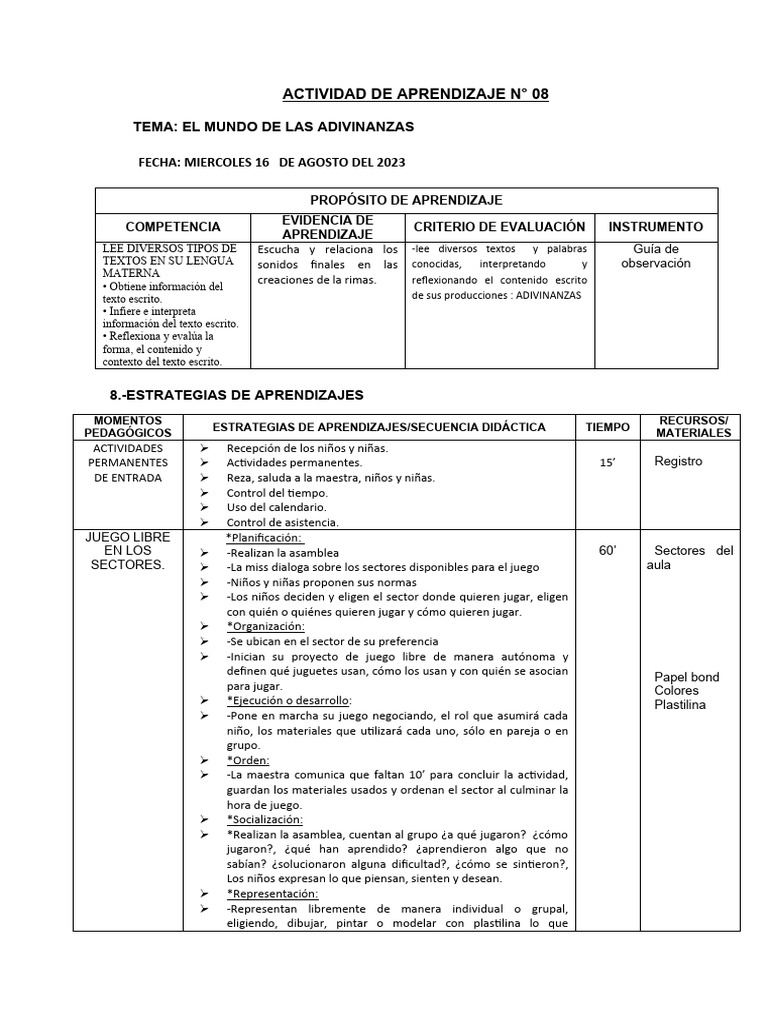 Adivinanzas Sesiones | PDF | Aprendizaje | Evaluación