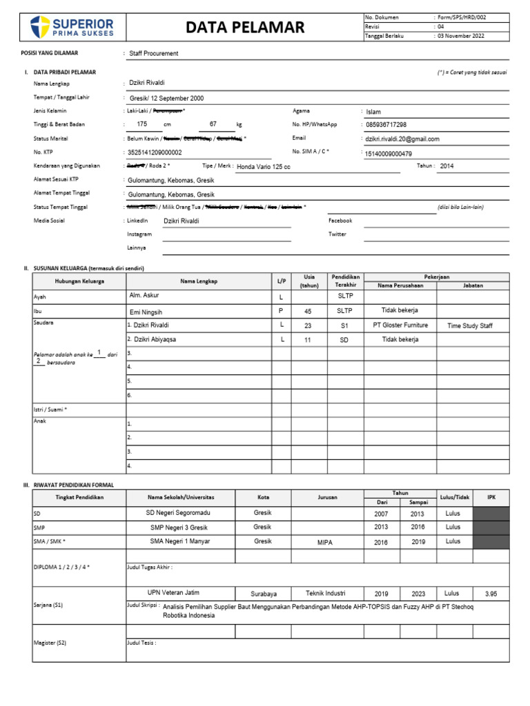 Form Sps HRD 002 02 Data Pelamar | PDF