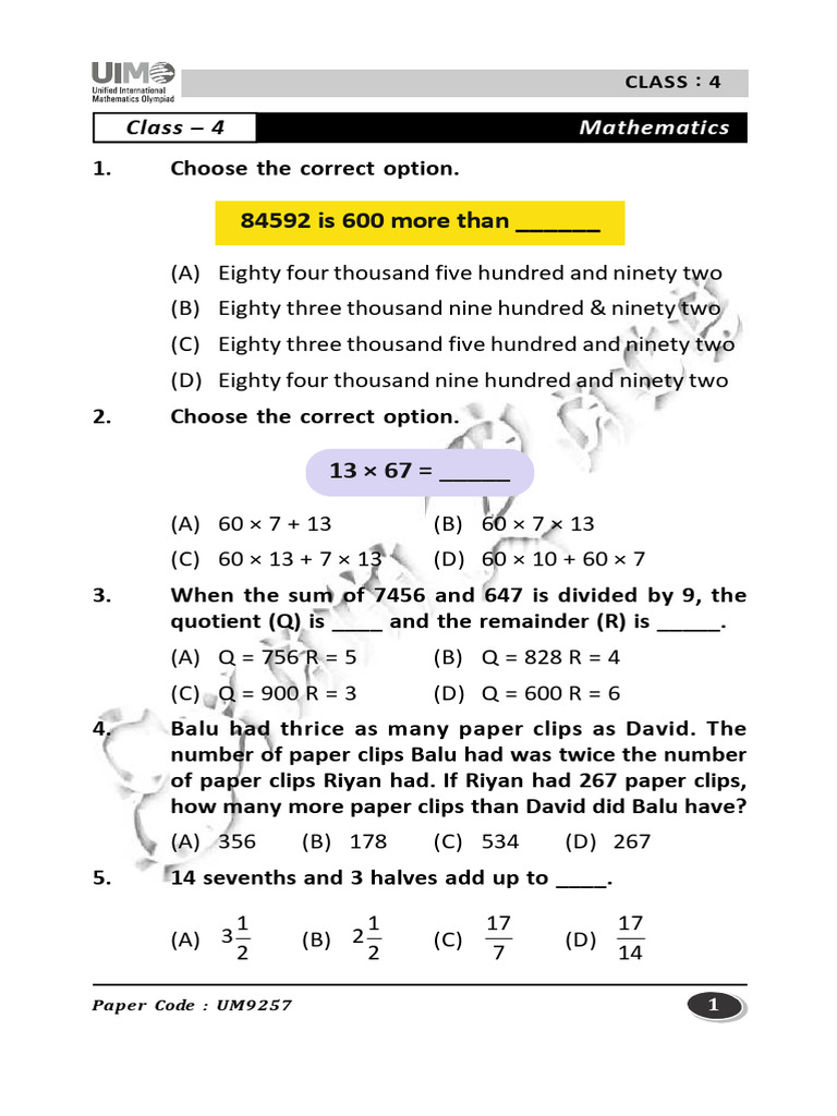 UIMO Class 4 Paper 2021 | PDF