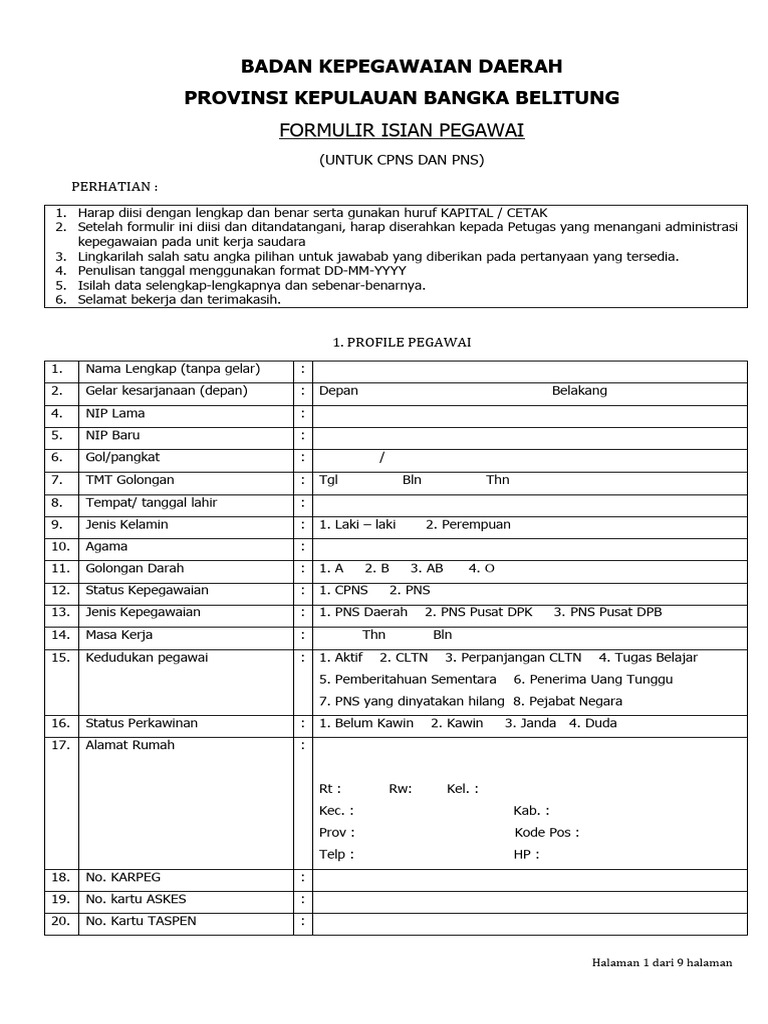 Formulir Isian Data Pegawai | PDF