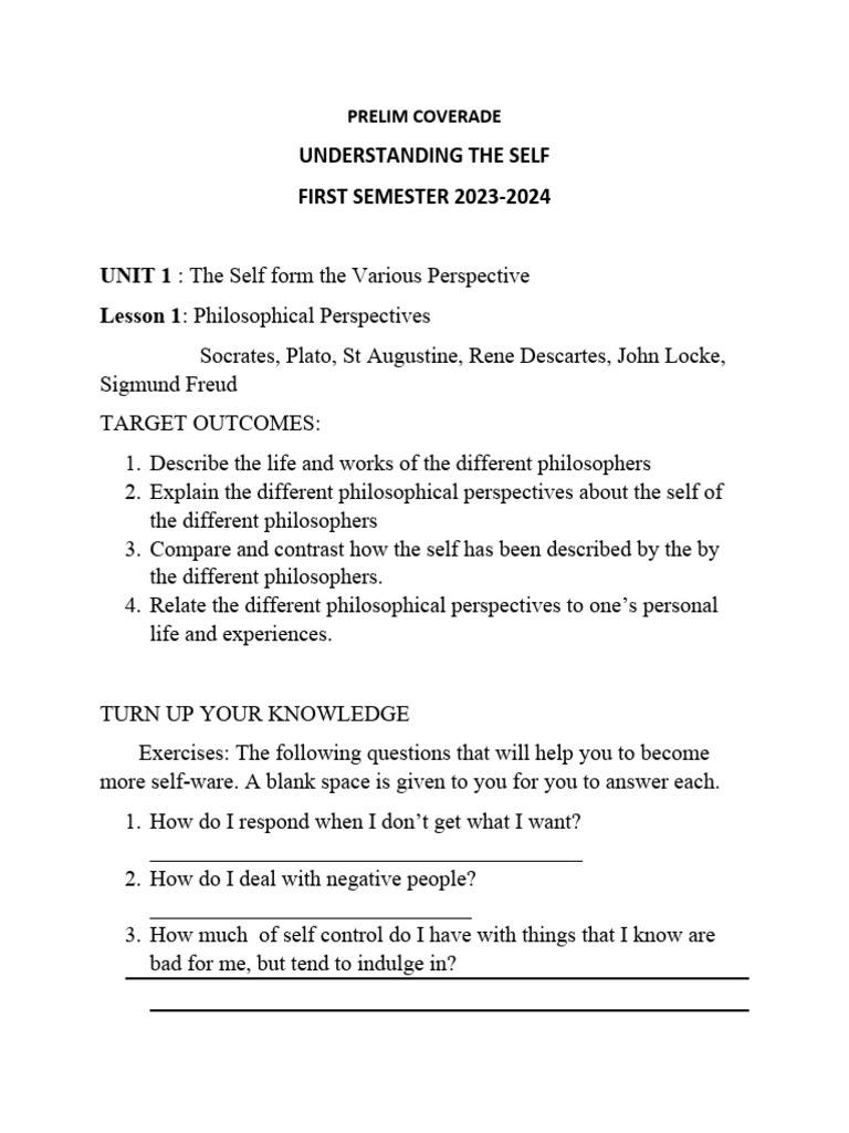 Understanding The Self First Sem LESSON 1 2023 2024 | PDF