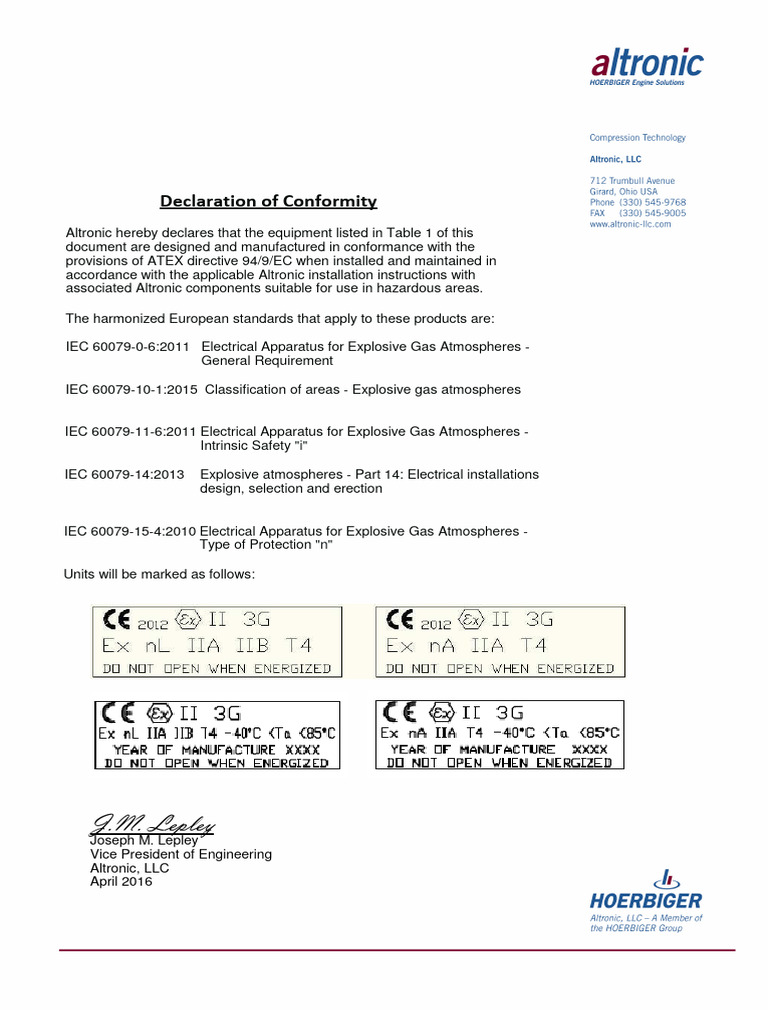 ATEX Declaration of Conformity APRIL 2016 | PDF