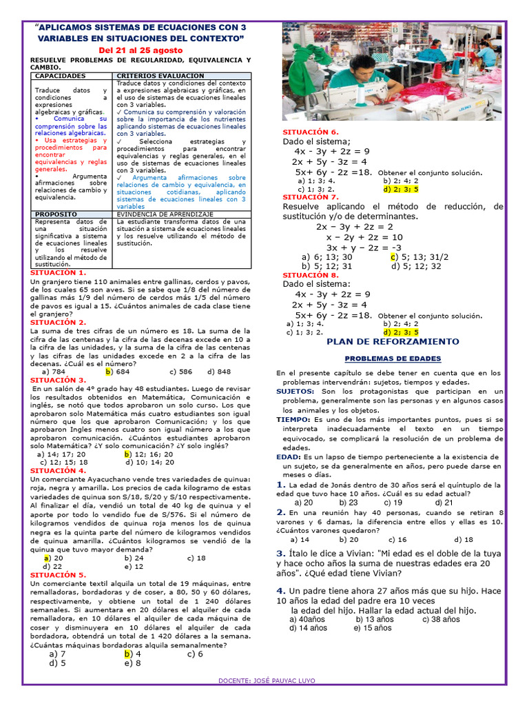 4to SIST. ECUAC. 3 VARIABLES 2023 | PDF | Ecuaciones | Sistema de ecuaciones lineales