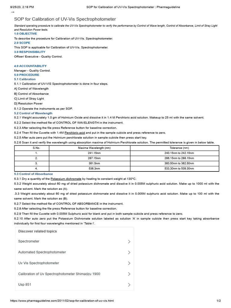 UV-Vis Spectrophotometer Calibration SOP | PDF