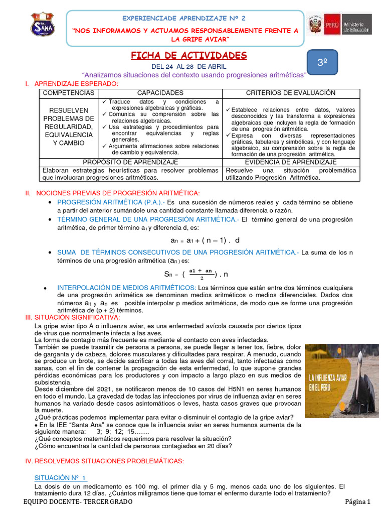 3º FICHA DE ACTIVIDADES - EXP 2 - Del 24 Al 28 de Abril - PROGRESIONES ARITMÉTICAS | PDF
