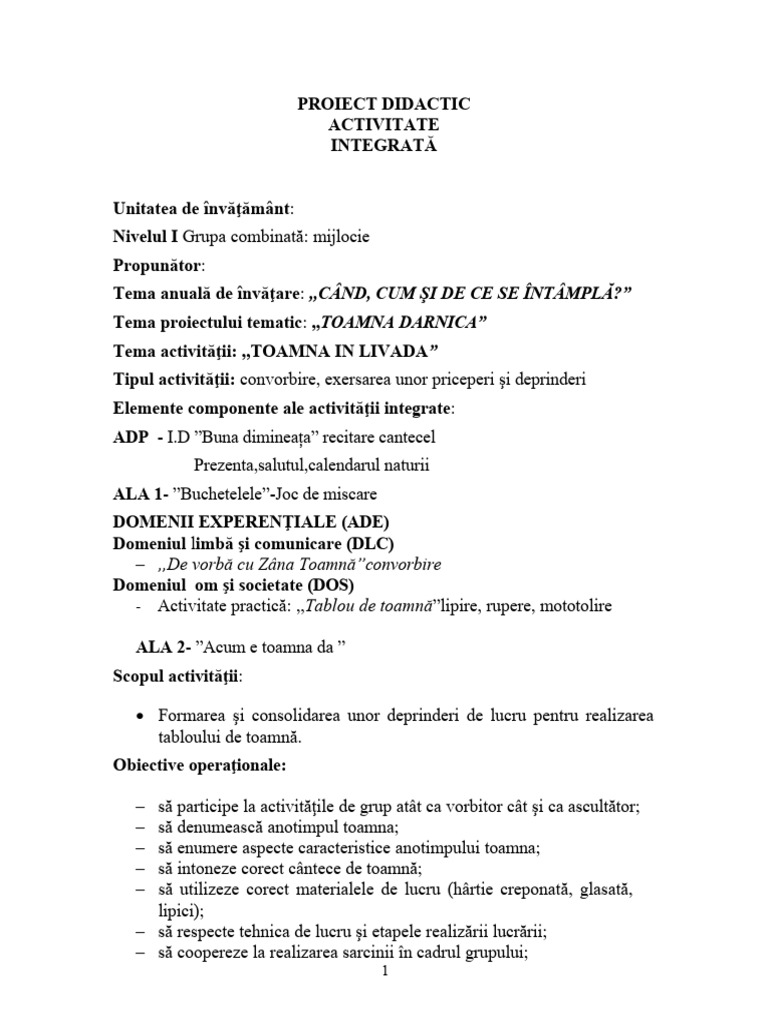 pROIECT DIDACTIC INTEGRAT Toamna in Livada | PDF