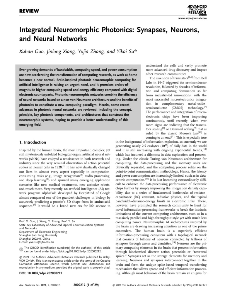 Advanced Photonics Research - 2021 - Guo - Integrated Neuromorphic Photonics Synapses Neurons ...