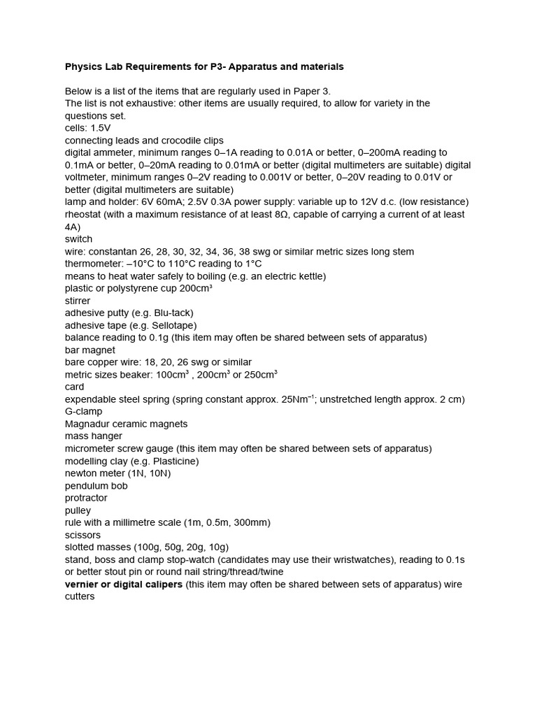Physics Lab Requirements For P3 - Apparatus and Materials | PDF