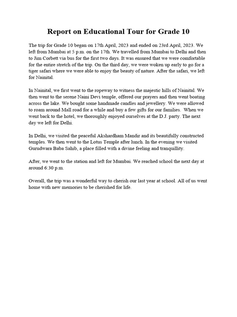 Grade 10 Educational Tour Report | PDF