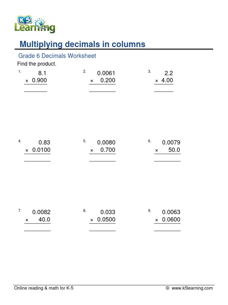 Grade 6 Multiply Two Decimals 0 4 Decimal Digits Column A | PDF