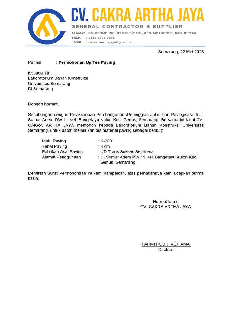 Surat Permohonan Tes Paving Usm | PDF