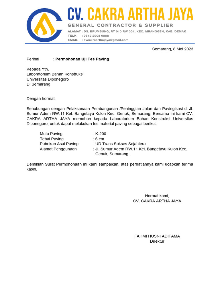 Surat Permohonan Tes Paving Undip | PDF