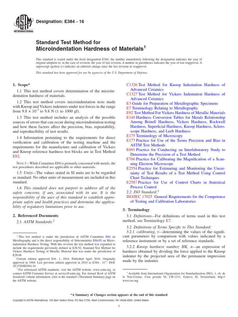 Microindentation Hardness of Materials: Standard Test Method For | PDF