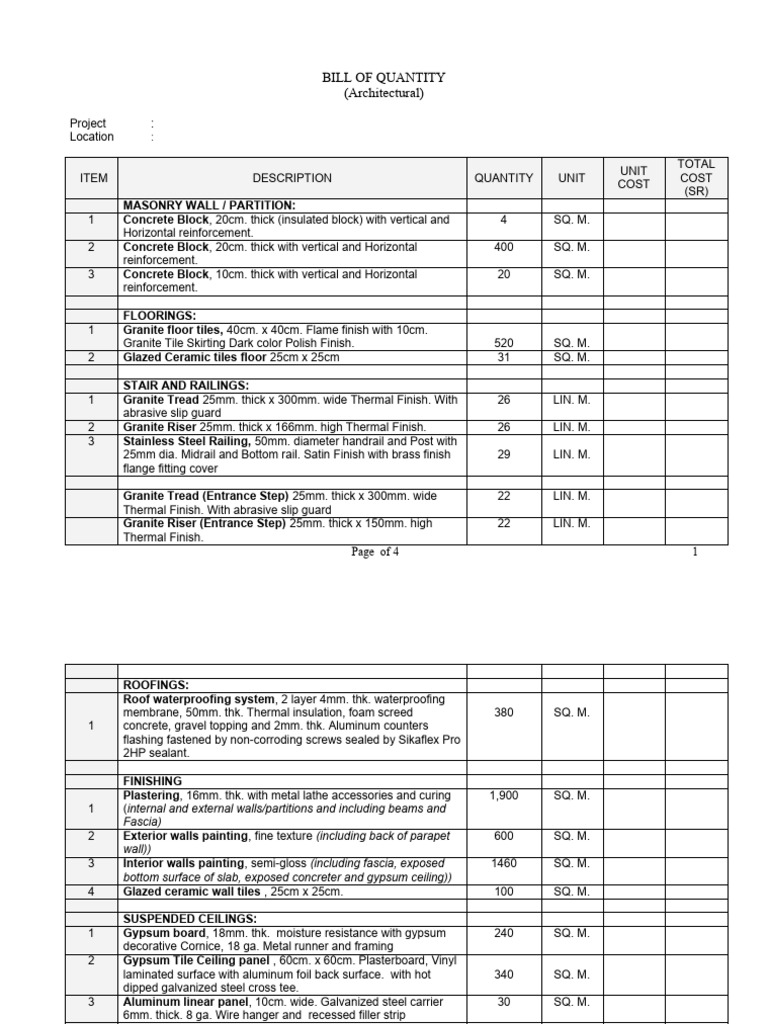 Architectural Bill of Quantities Summary | PDF