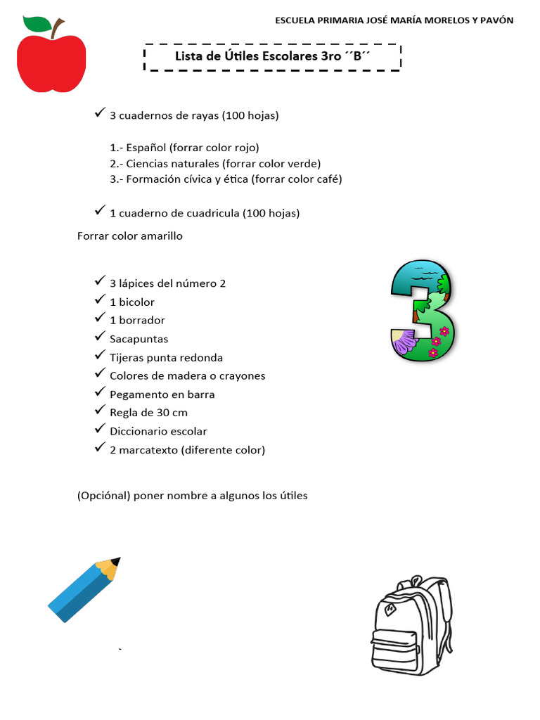 Lista de Útiles 3ro 'B' Primaria | PDF