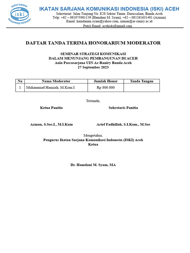 Honorarium Moderator Seminar | PDF