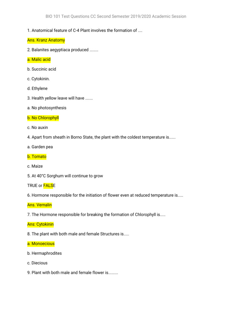 BIO 101 Test Questions CC | PDF