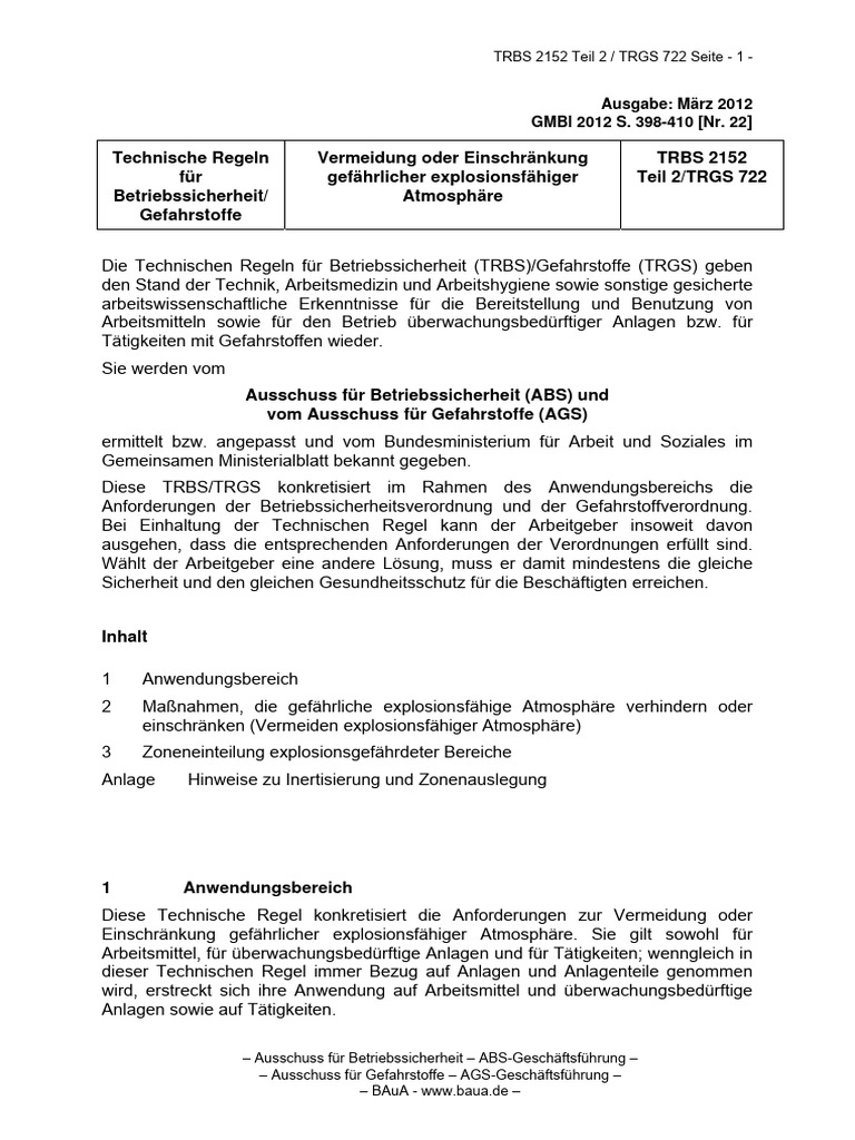 TRBS-2152-Teil-2 - Vermeidung Oder Einschränkung Gefährlicher Explosionsfähiger Atmosphäre | PDF