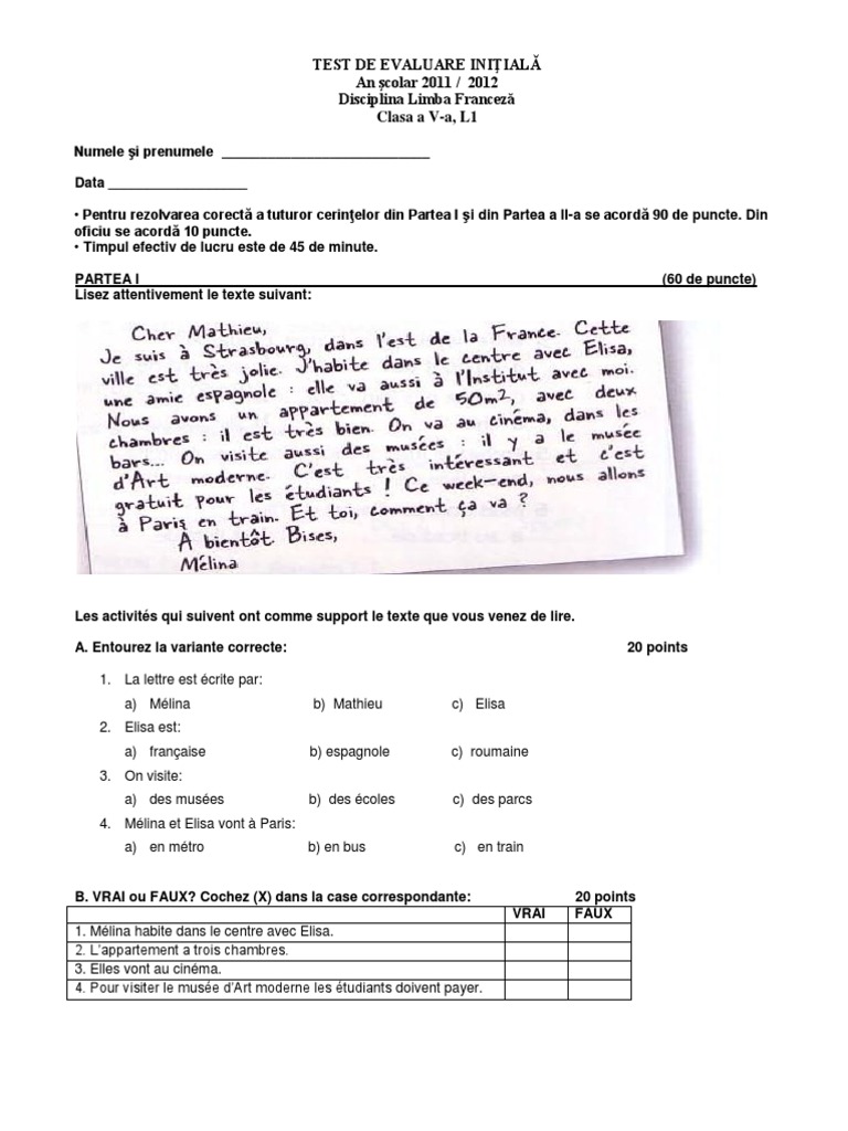 Teste Initiale Si Bareme - Limba Franceza - Clasele v-VIII L1 | Langue ...