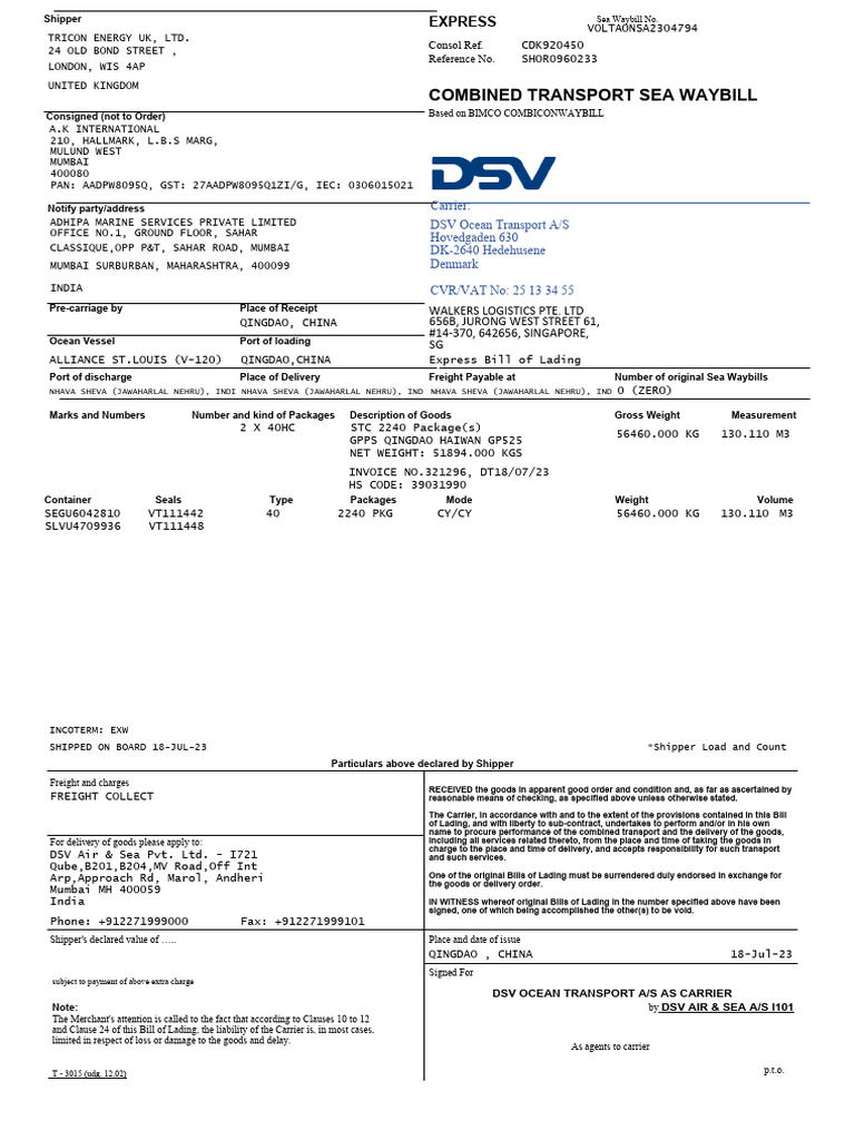 DSV - SWB - Sea - Waybill - HOR0630233 (1) - Edited - Copy (2) Edited ...