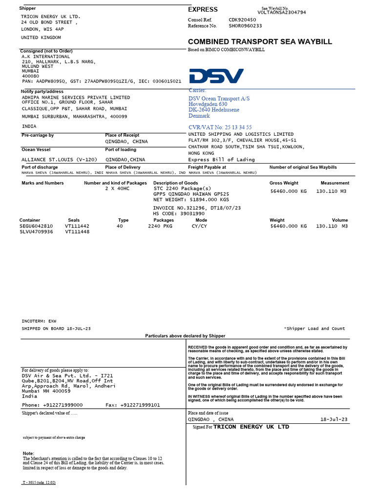 DSV SWB Sea Waybill - HOR0630233[1] Edited Copy[2] Edited NEW 2 Copy | PDF
