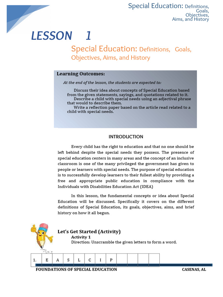 Sped M1, Lesson 1 | PDF Sped M1, Lesson 1 | PDF