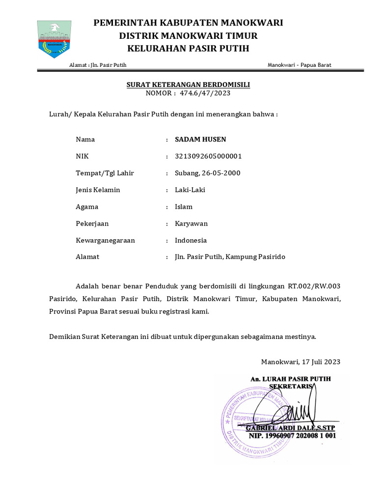 Surat Keterangan Domisili Sadam Husen | PDF
