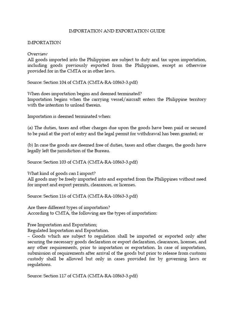 Importation and Exportation Guide | PDF