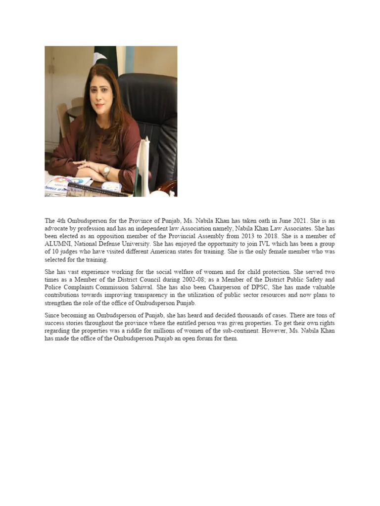 Nabila Hakim Khan Punjab Ombudsperson | PDF
