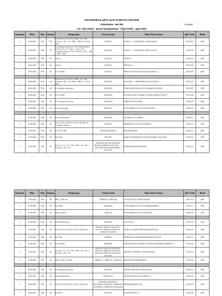 UG Arrear Exam Time Table April 2023 | PDF