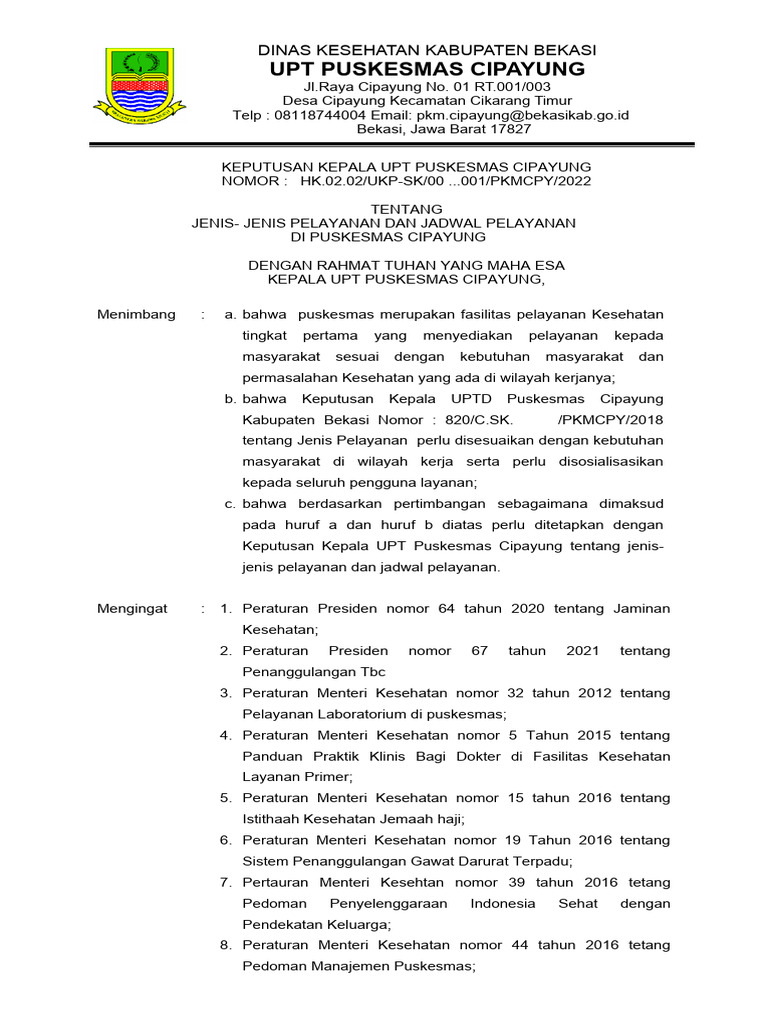 SK Jenis Jenis Pelayanan PKM Cipayung | PDF
